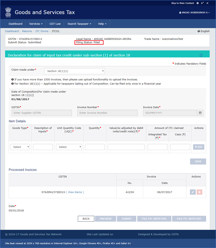 Filing GST Form ITC-01 - Claim made under Section 18 (1) (a)
